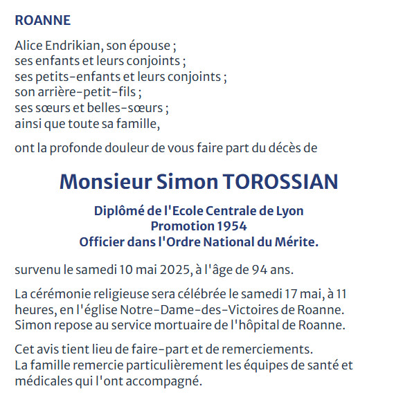 Simon TOROSSIAN (ECL 1954)